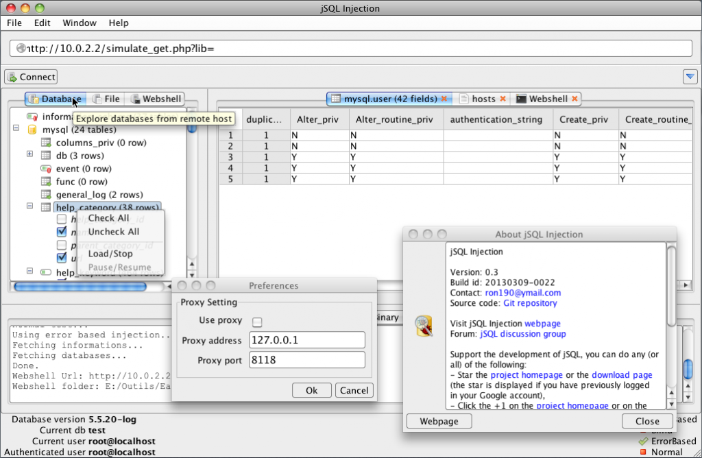 jSQL Injection تطبيق للعثور على معلومات قاعدة البيانات من خادم بعيد ...